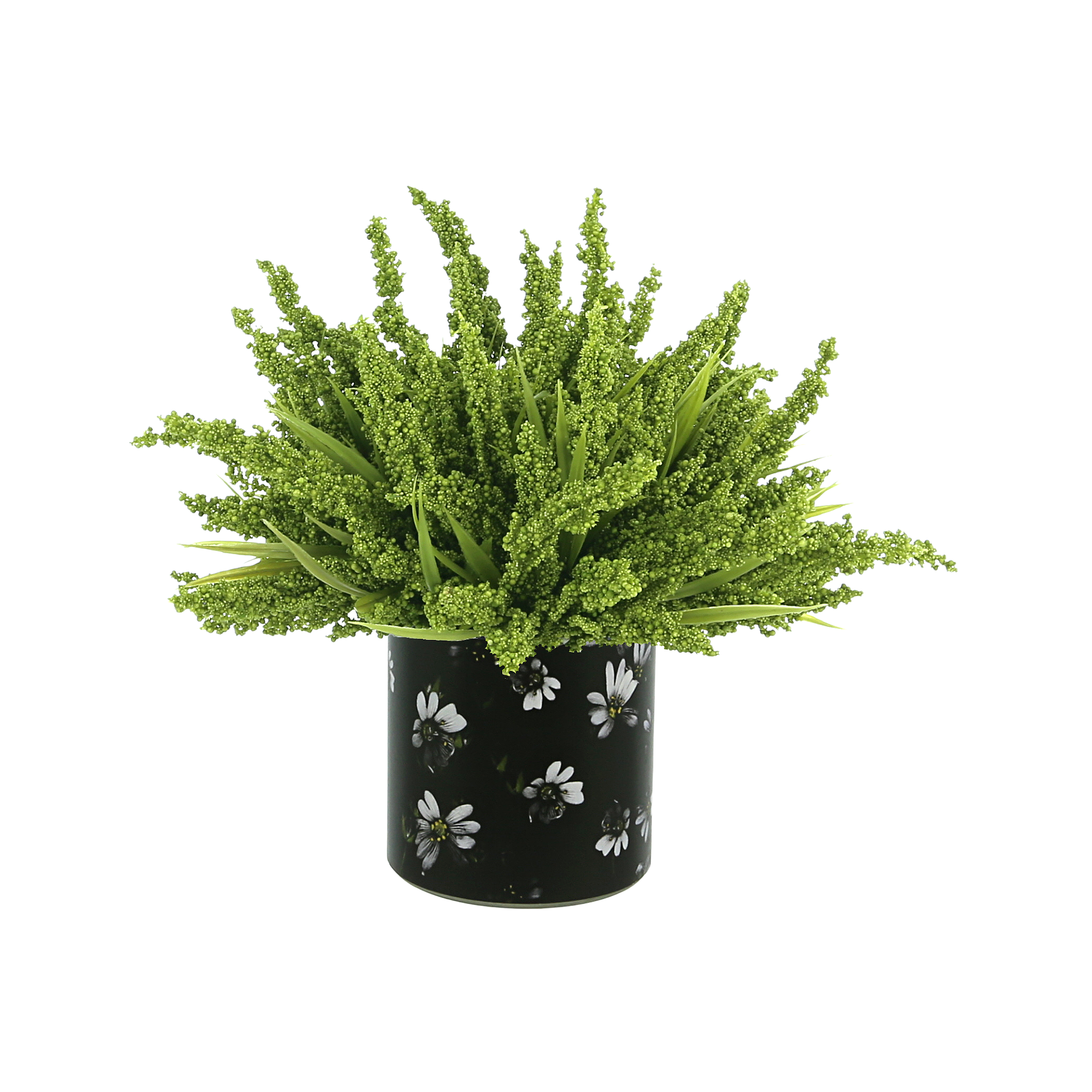 Green Heather Floral In A Black And White Flower Glass Vase With Label ...