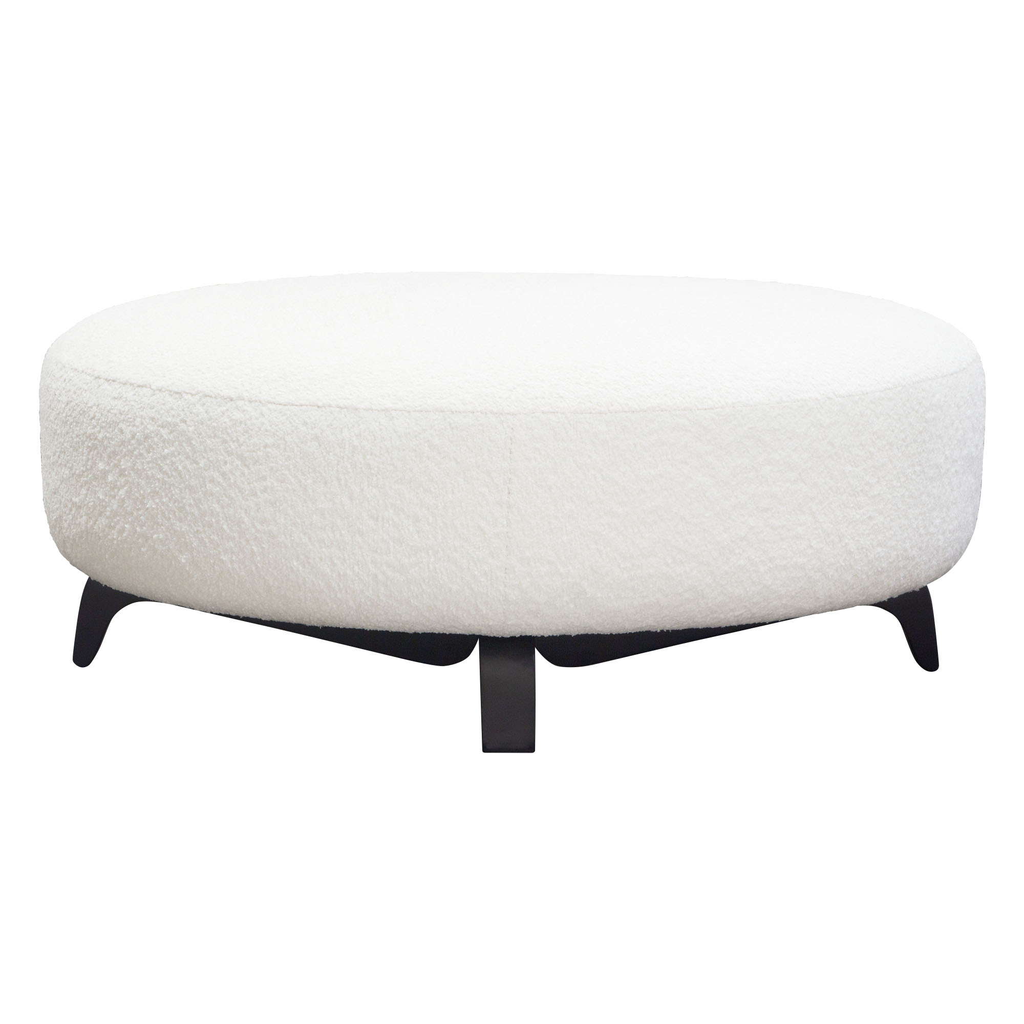 Vesper Round Ottoman In Faux White Shearling W/ Black Wood Leg Base ...