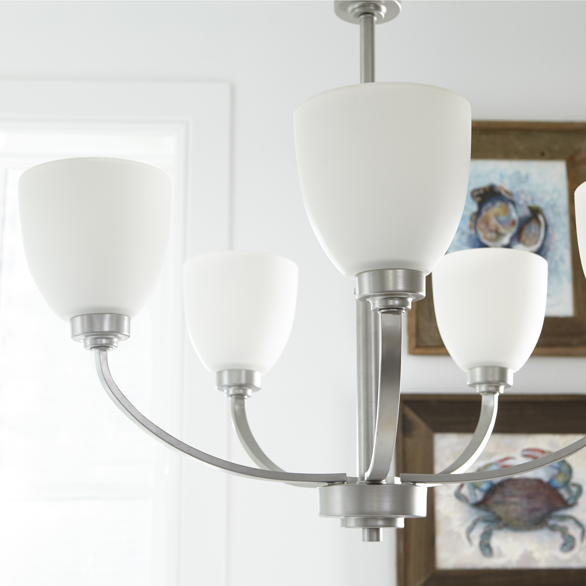 Transitional Chandelier In Classic Nickel Finish With Satin Opal Glass ...